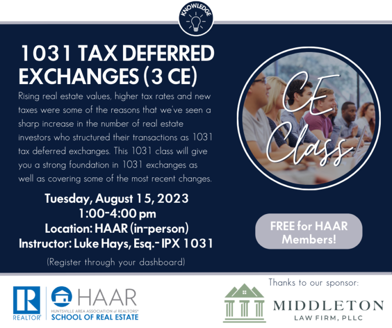 1031 Tax Deferred Exchanges CE Course - Huntsville Area Association of Realtors